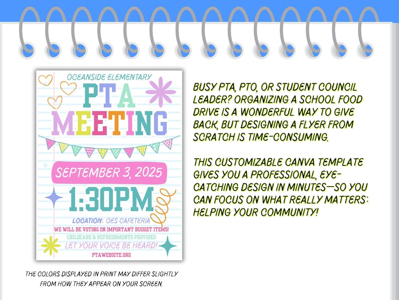 PTA Meeting Flyer Editable Pastel Canva Template School Event ...