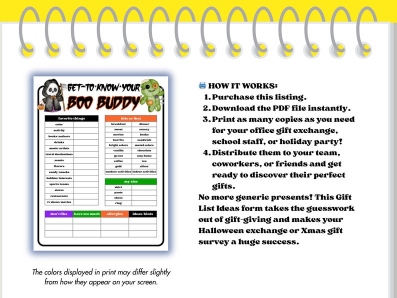 Boo Buddy Gift Exchange Questionnaire Halloween Wishlist Favorite ...