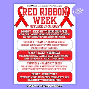 Red Ribbon Week Spirit Days Flyer Editable Canva Template School Dress ...