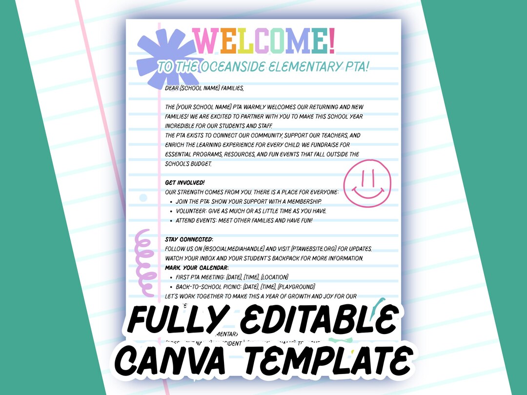 Editable PTA Welcome Letter Template Canva Back to School PTO Packet ...