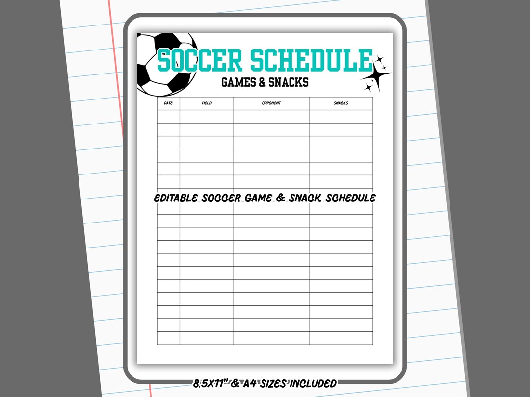 Soccer Game Schedule Printable | Team Snack Sign up Sheet | Soccer Team ...