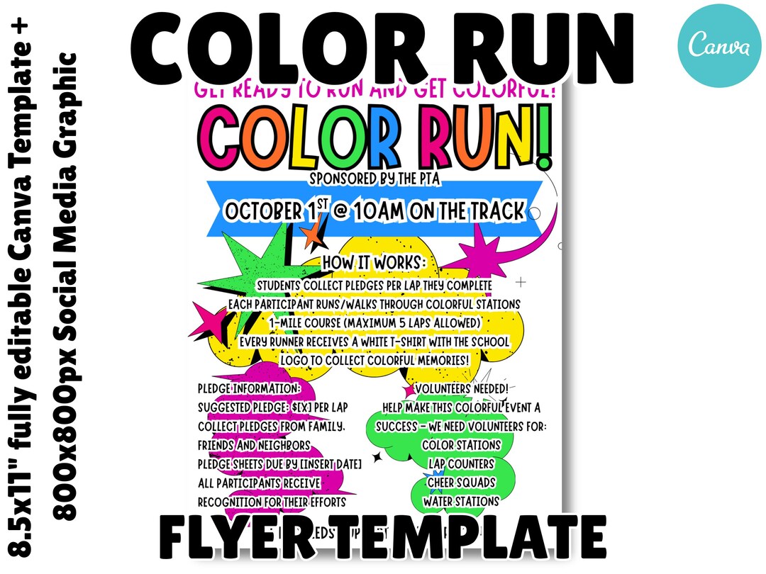 Color Run Pledge Flyer Template: Editable School Fun Run PTA Fundraiser ...