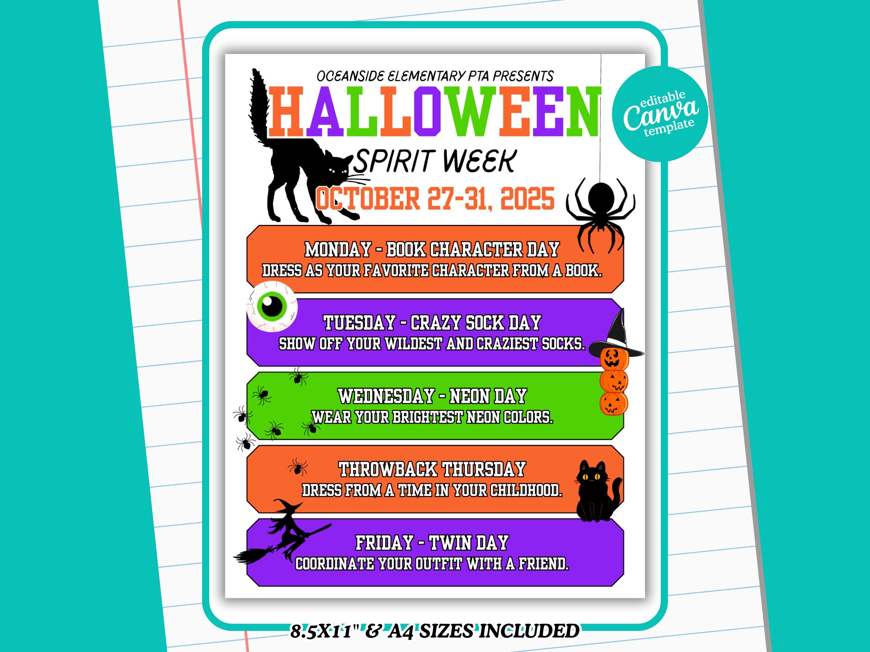 Editable Halloween Spirit Week Flyer Canva Template | School, PTA, PTO ...