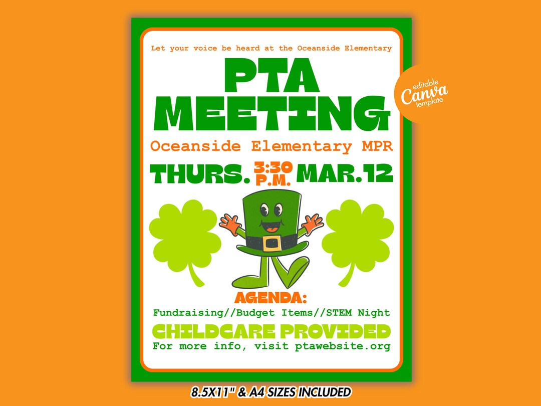 March PTA Meeting Flyer Editable Canva Template St Patricks Day School ...