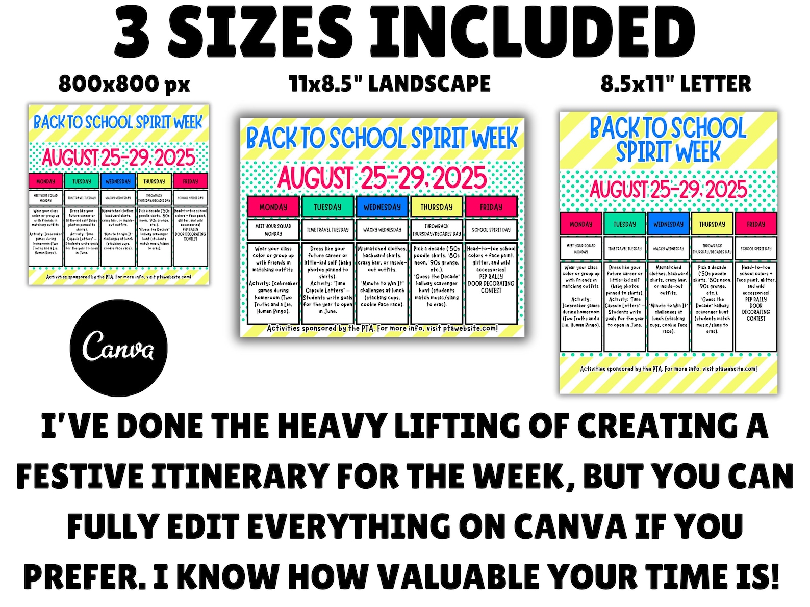 Back to School Spirit Week Flyer Editable Canva Template Bundle PTA PTO ...