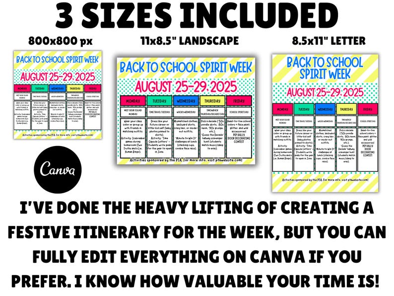 Back to School Spirit Week Flyer Editable Canva Template Bundle PTA PTO ...