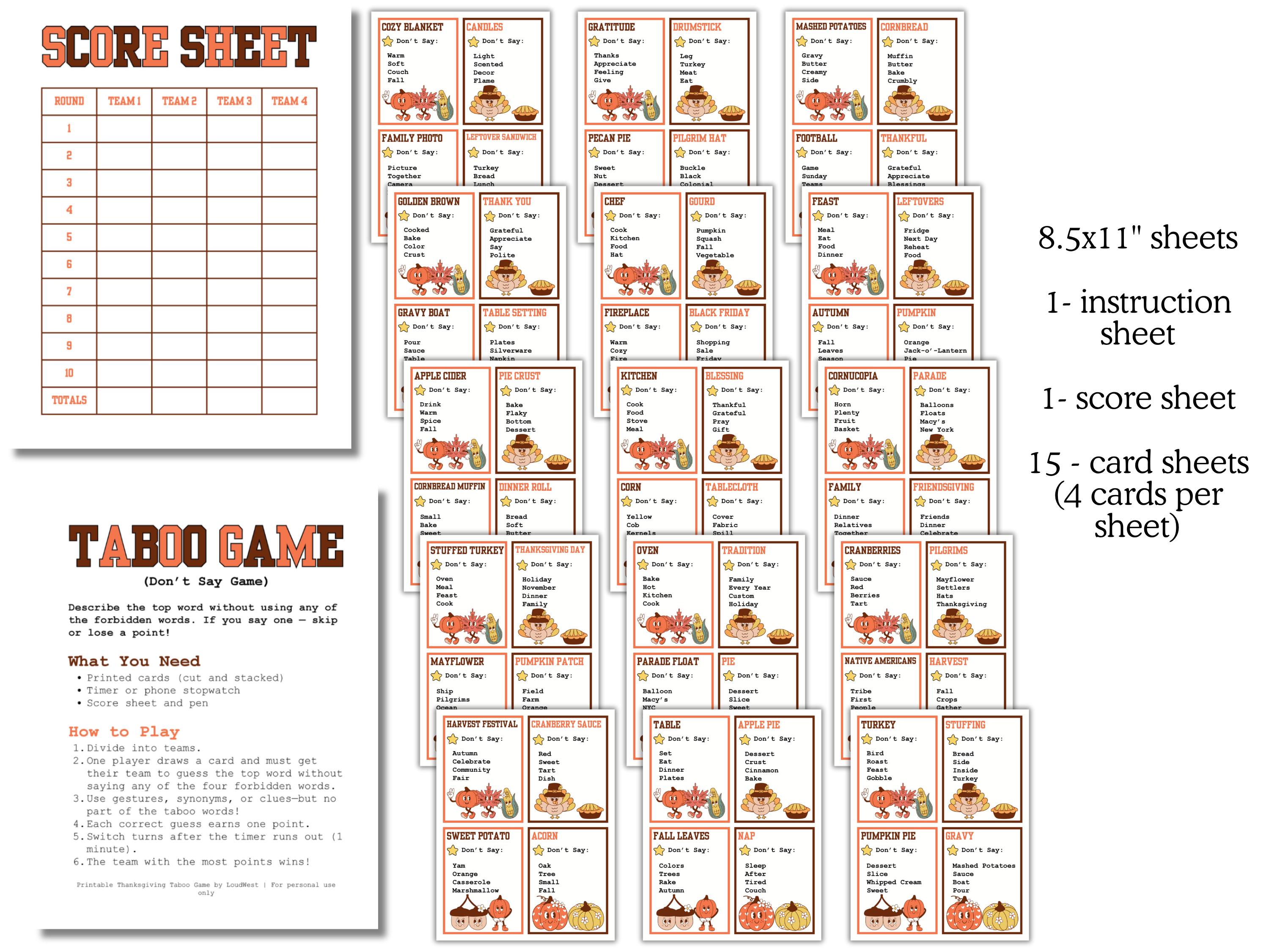 Thanksgiving Taboo Game Printable Dont Say Thanksgiving Party Classroom ...
