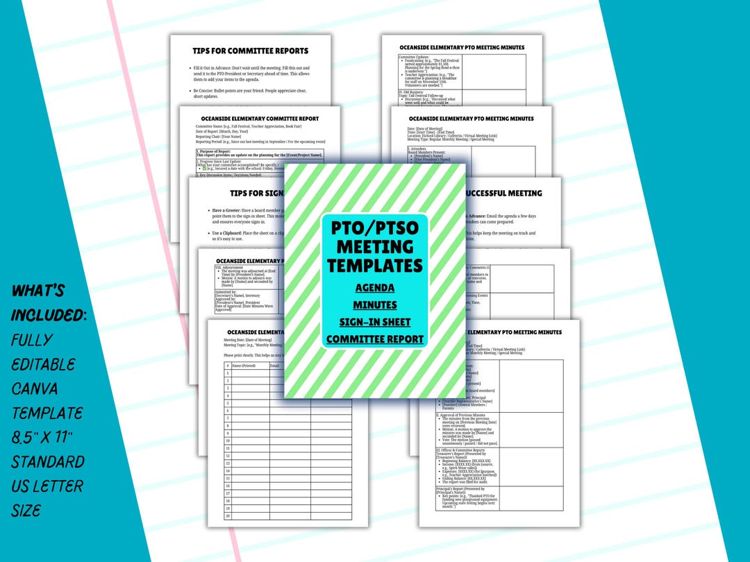 PTO Meeting Templates Bundle Agenda Minutes Sign in Editable School ...
