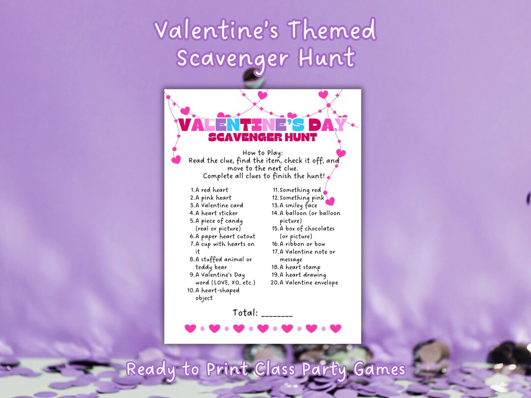 Valentines Day Scavenger Hunt Elementary Classroom Activity Printable ...