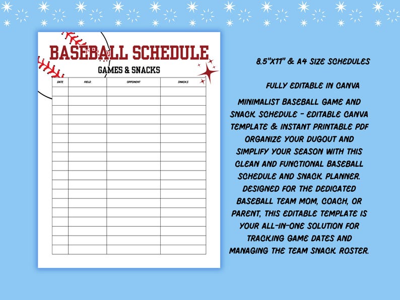 Baseball Schedule Printable | Team Snack Sign up Sheet | Editable ...