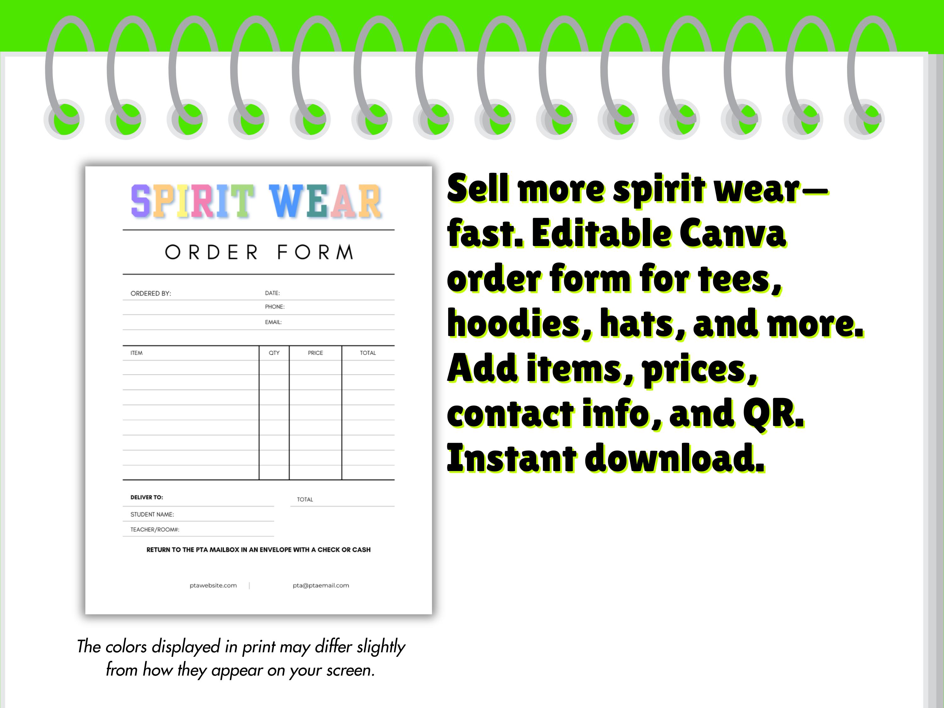Editable Spirit Wear Order Form Canva Template PTA PTO Fundraiser Shirt ...