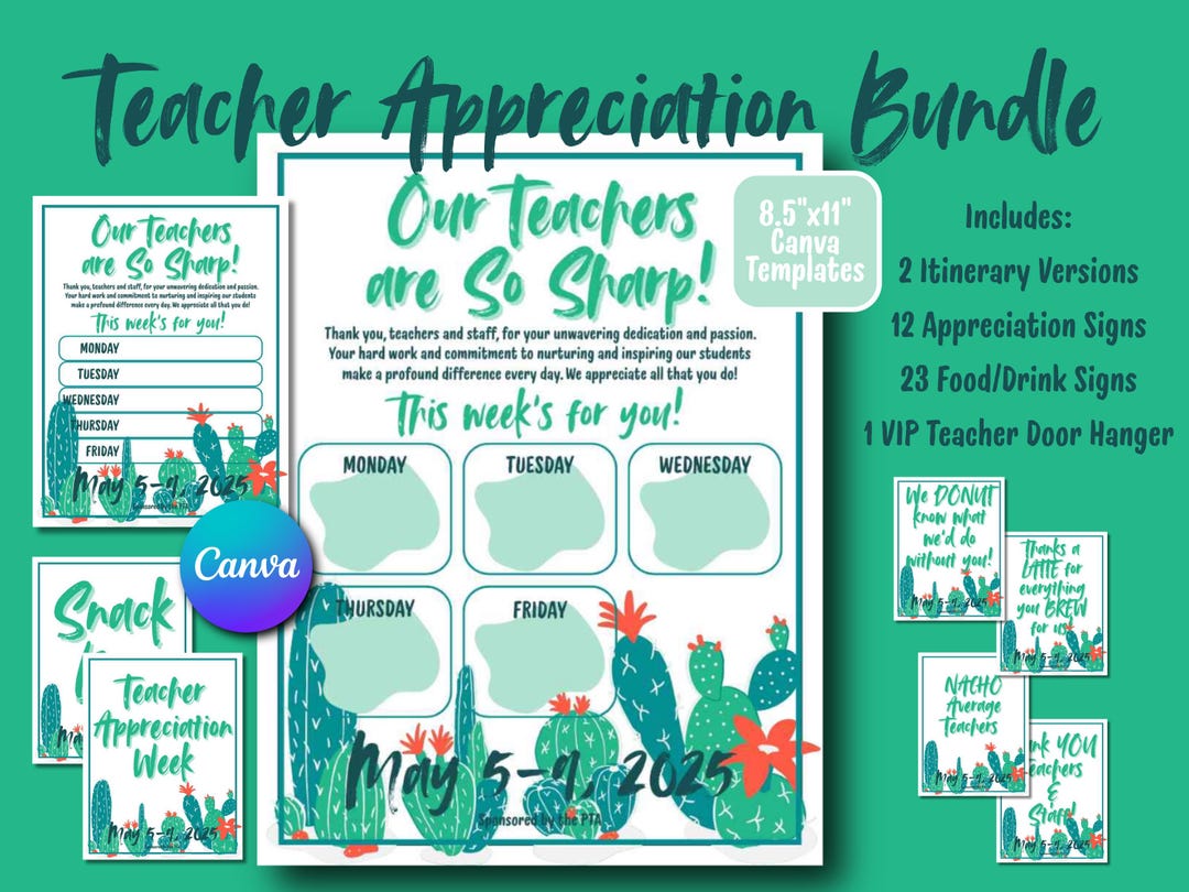 Teacher Appreciation Week Canva Template Bundle, Editable Itinerary ...