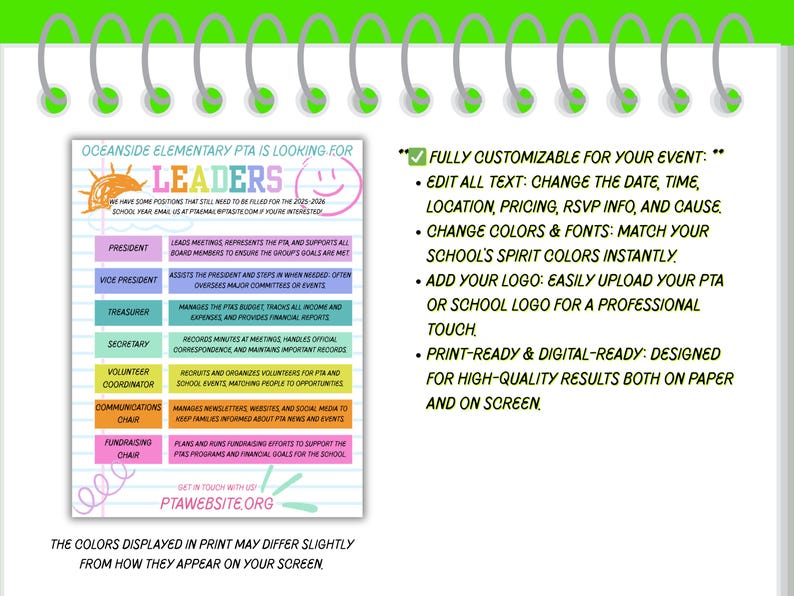 PTA Role Descriptions Template Editable Canva Board Member PTO ...