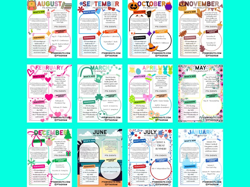 Monthly School Newsletter Canva Templates Editable Twelve Themed PTA ...