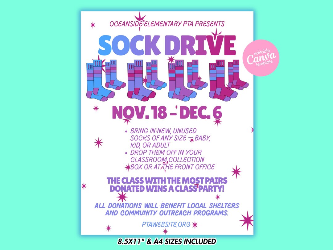 Editable Sock Drive Flyer Canva Template School Donation Event PTA PTO ...