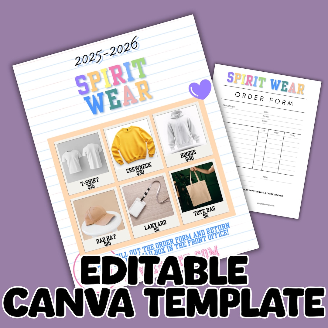 Editable Spirit Wear Order Form Canva Template PTA PTO Fundraiser Shirt ...