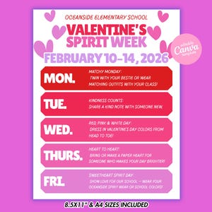 Valentines Spirit Week Flyer Canva Template School Dress up Days PTA ...