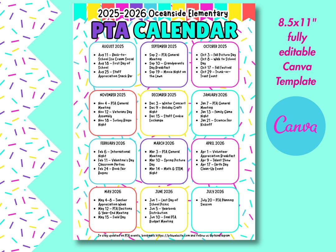 Editable PTA PTO Calendar Template 2025-2026 (digital Download) - Etsy