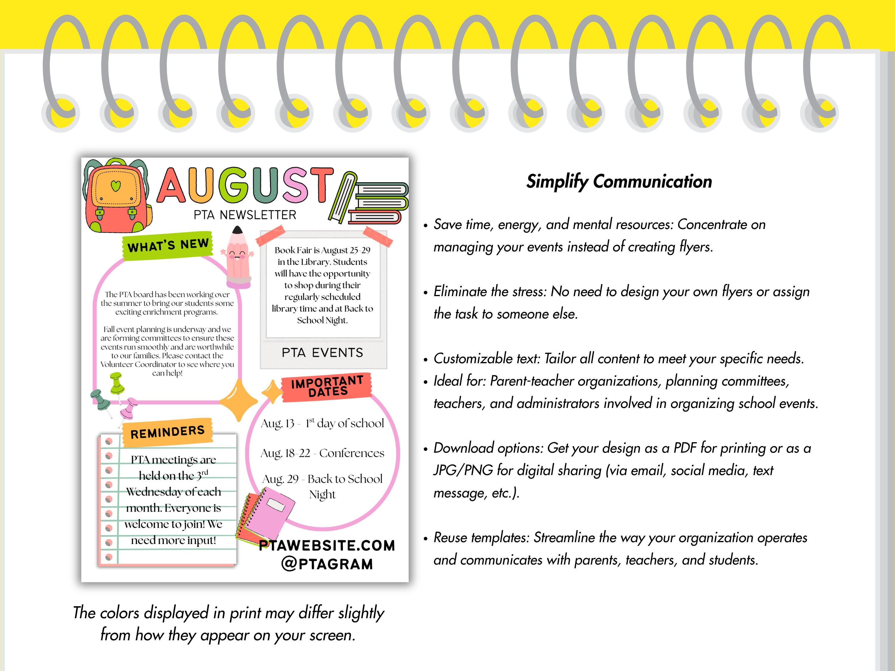 Monthly School Newsletter Canva Templates Editable Twelve Themed PTA ...