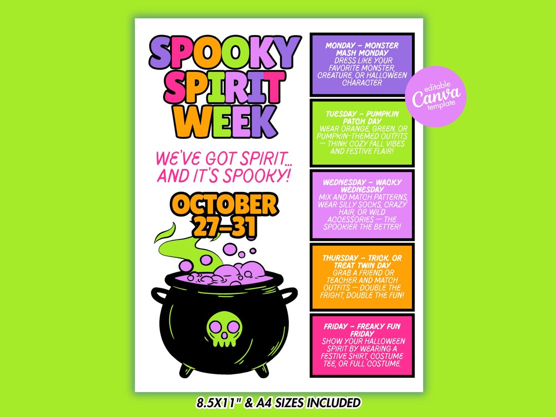 Halloween Spirit Week Flyer Editable Canva Template School Dress up ...