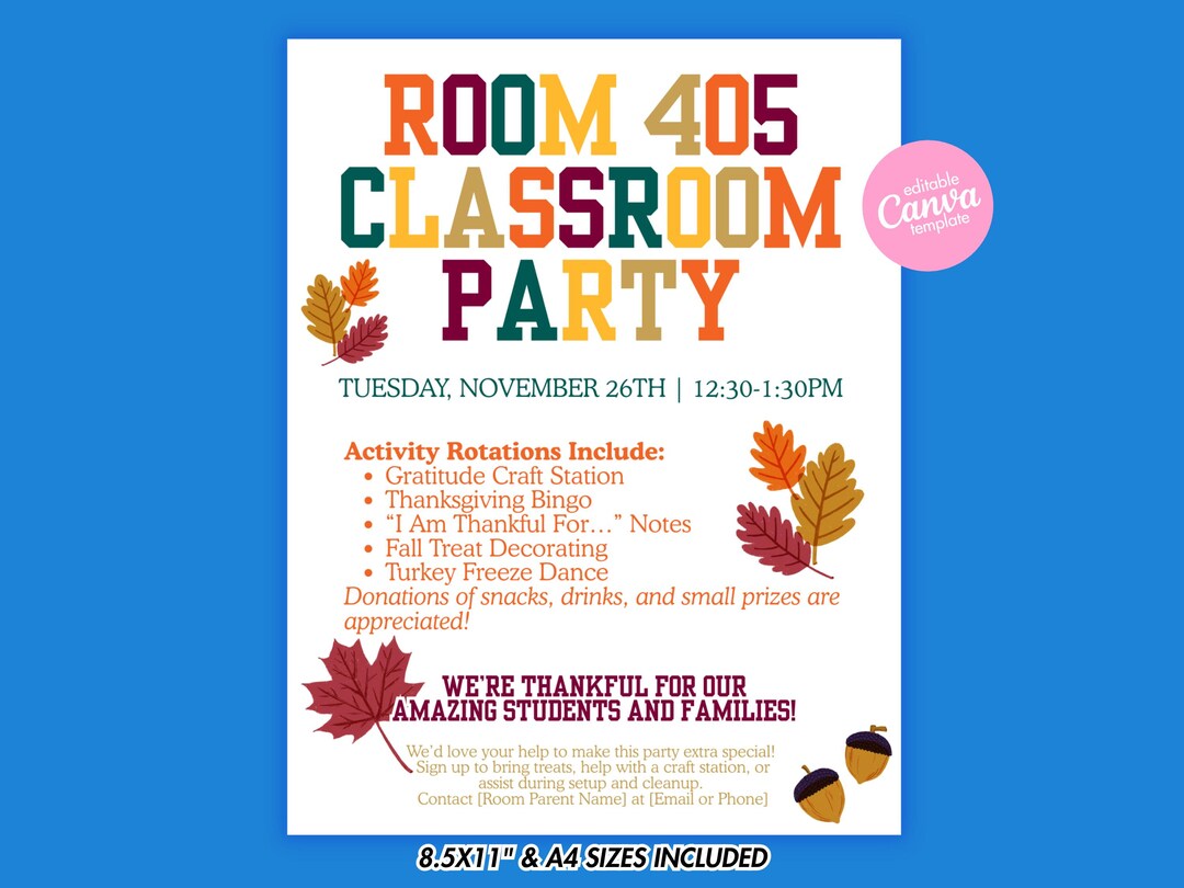 Editable Fall Classroom Party Flyer Canva Template Thanksgiving ...