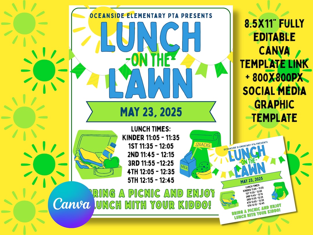 Editable Lunch on the Lawn Invitation Canva Template PTO PTA School ...