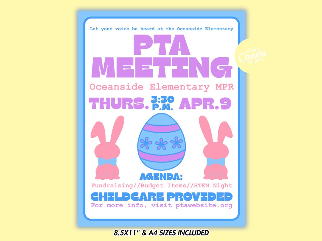 April PTA Meeting Flyer Editable Canva Template Spring School Event ...