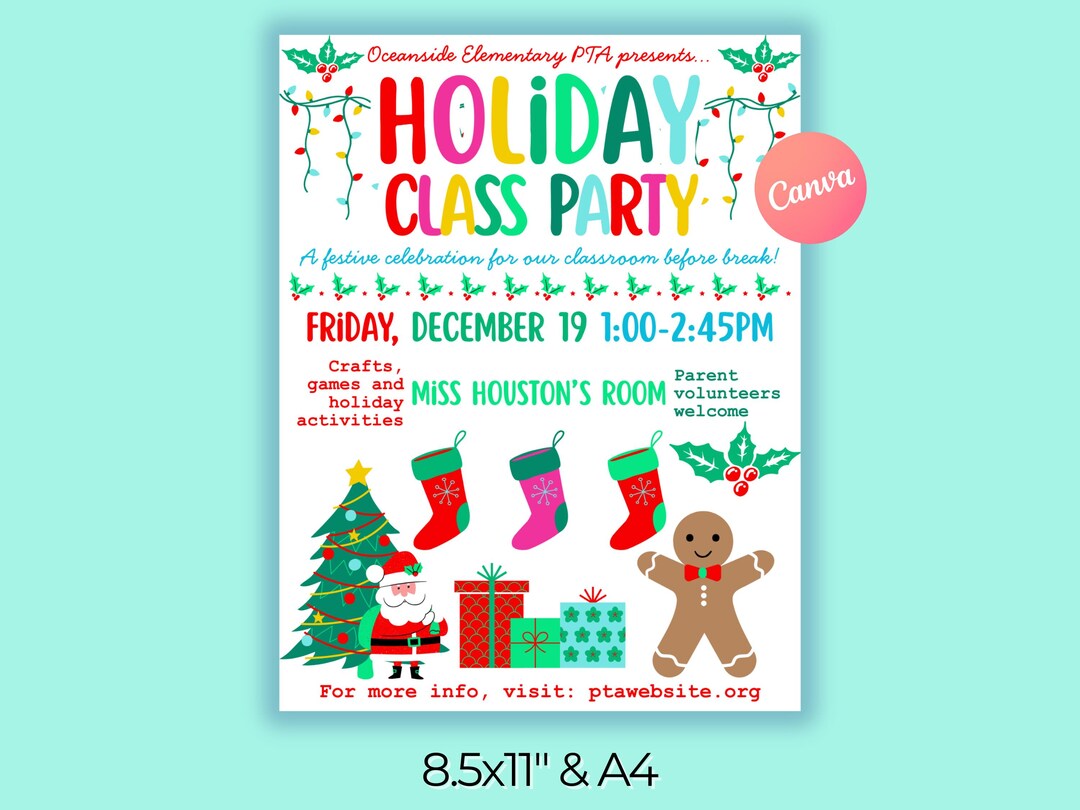 Christmas Holiday Class Party Flyer Template Editable Canva School ...