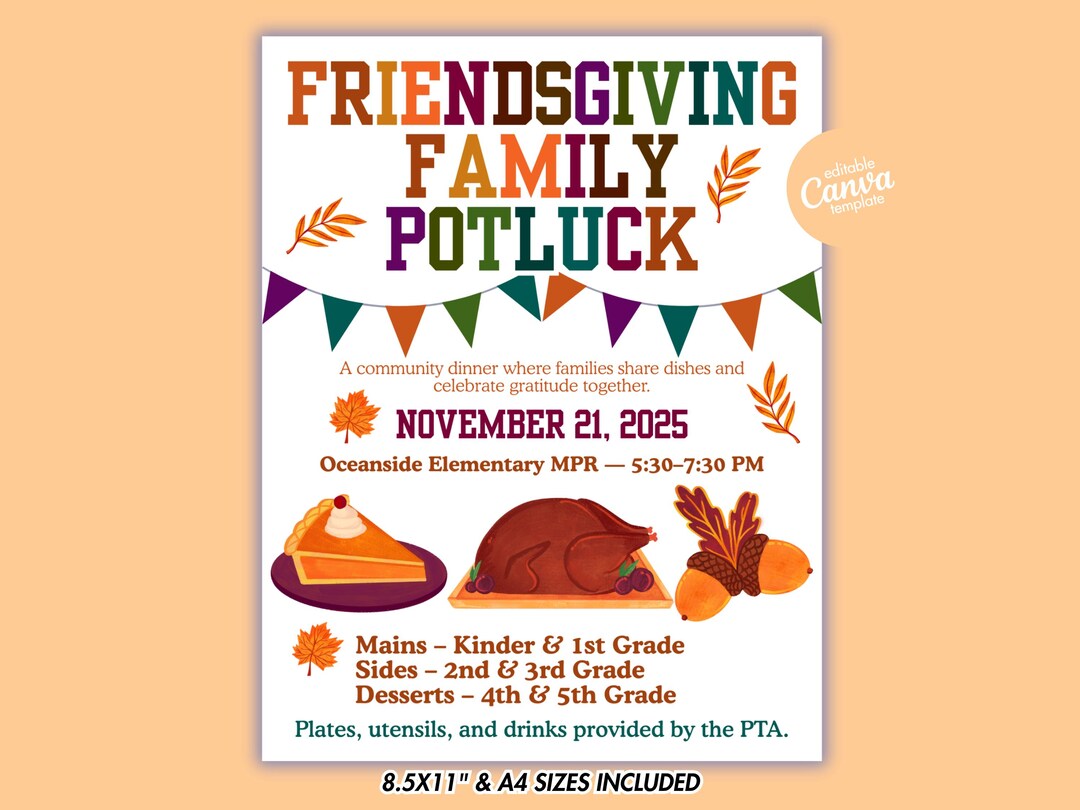 Friendsgiving Family Potluck Flyer Editable Canva Template School ...