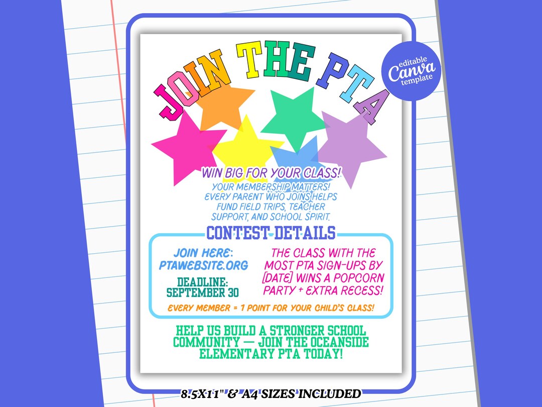 Editable PTA Membership Contest Flyer Canva Template School Recruitment ...