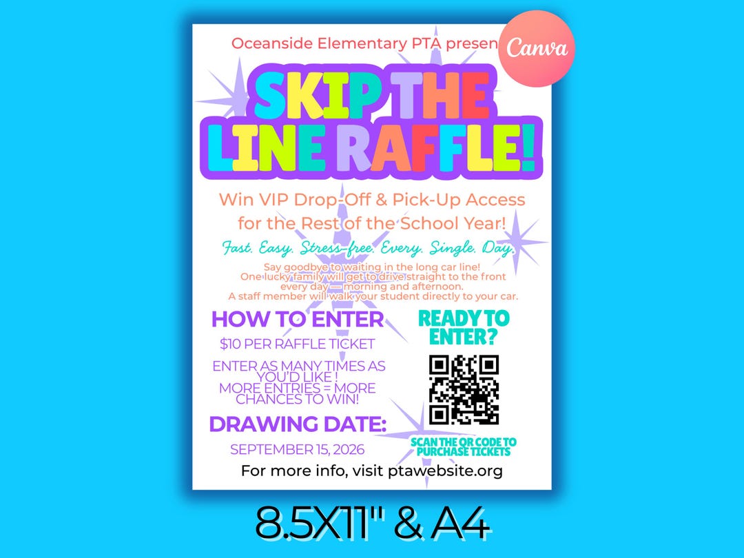 Skip the Line Raffle Fundraiser Flyer Template Editable PTA PTO School ...