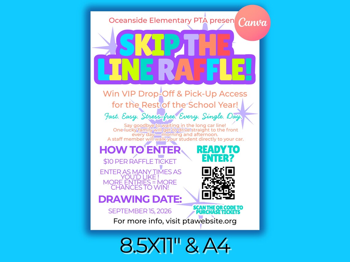 Skip the Line Raffle Fundraiser Flyer Template Editable PTA PTO School ...