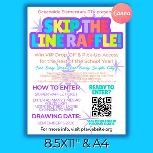 Skip the Line Raffle Fundraiser Flyer Template Editable PTA PTO School ...