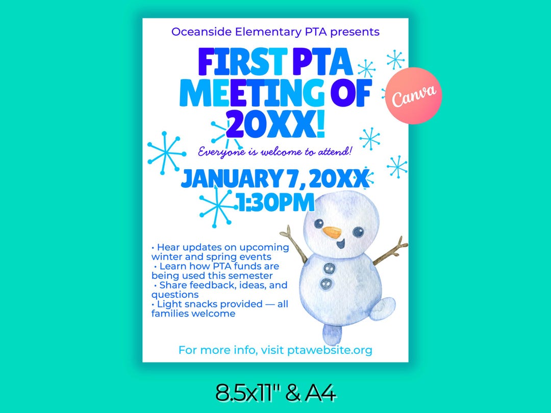 PTA Meeting Flyer Template Editable First Meeting 2026 School Event ...