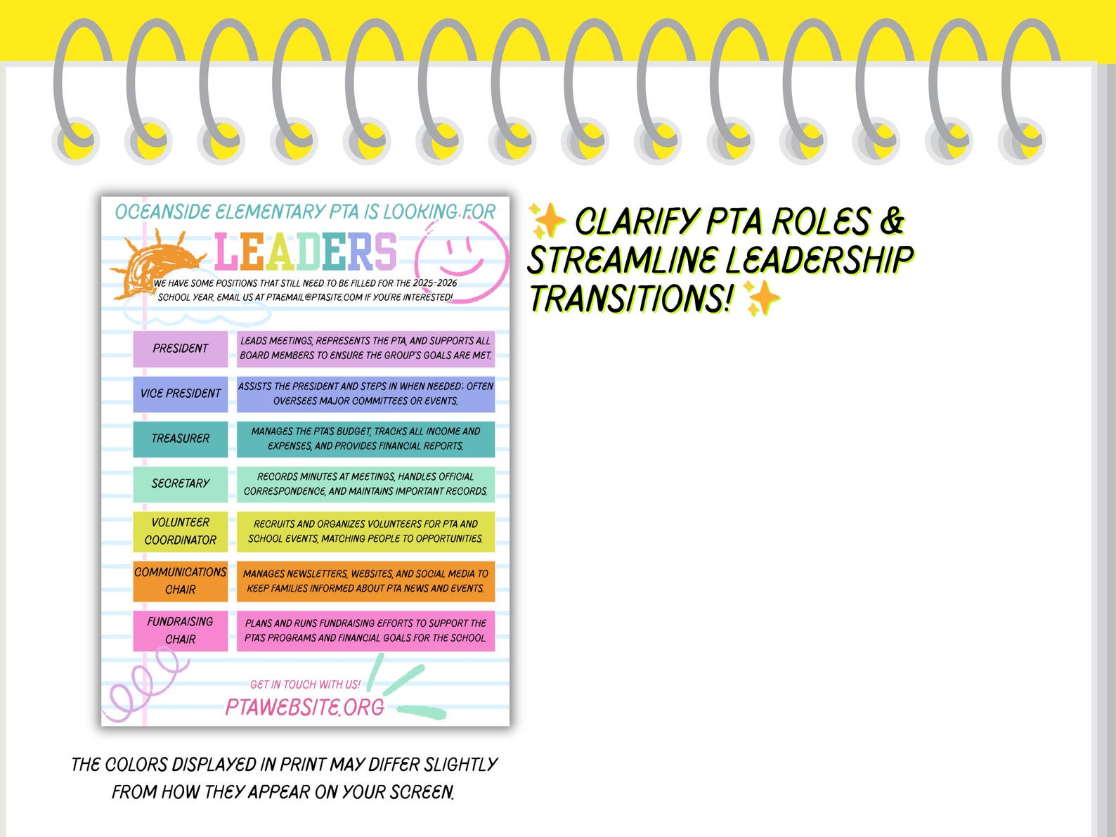 PTA Role Descriptions Template Editable Canva Board Member PTO ...