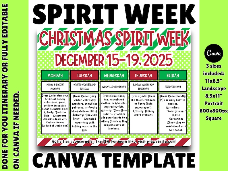 Christmas Spirit Week Flyer | Editable Holiday Canva Templates | PTA ...