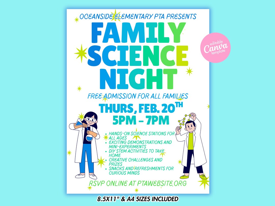 Editable Family Science Night Flyer Canva Template School STEM Event ...