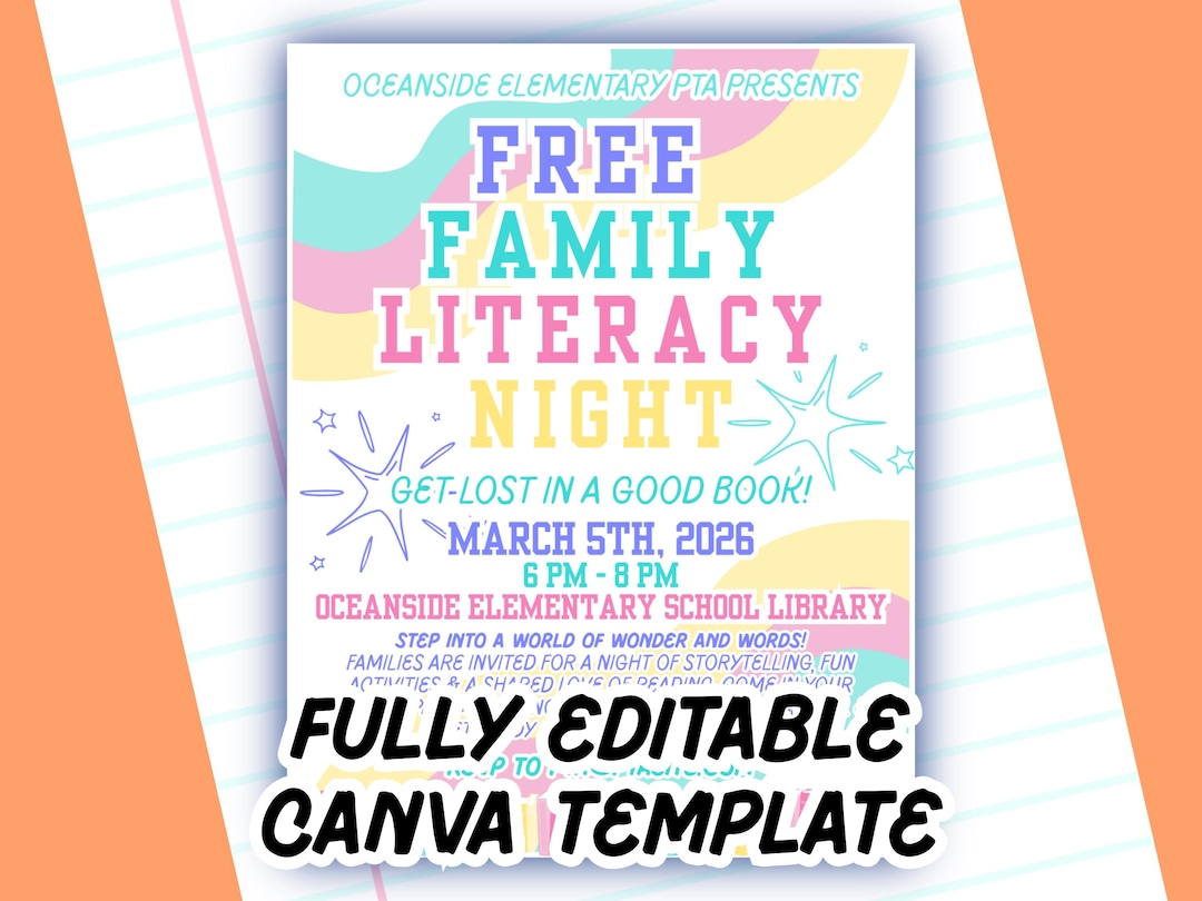 Editable Literacy Night Flyer Template PTO PTA School Event Reading ...