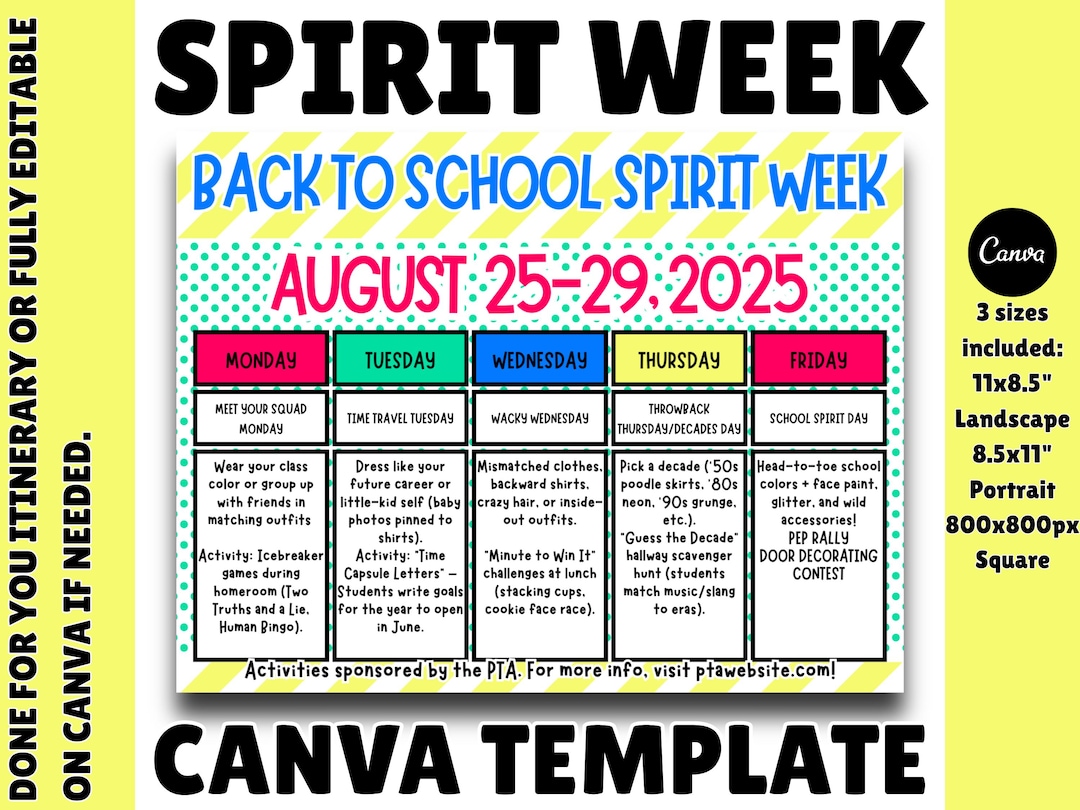 Back to School Spirit Week Flyer Editable Canva Template Bundle PTA PTO ...