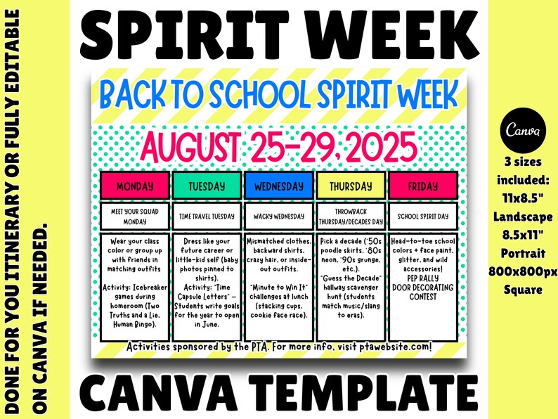 Back to School Spirit Week Flyer Editable Canva Template Bundle PTA PTO ...
