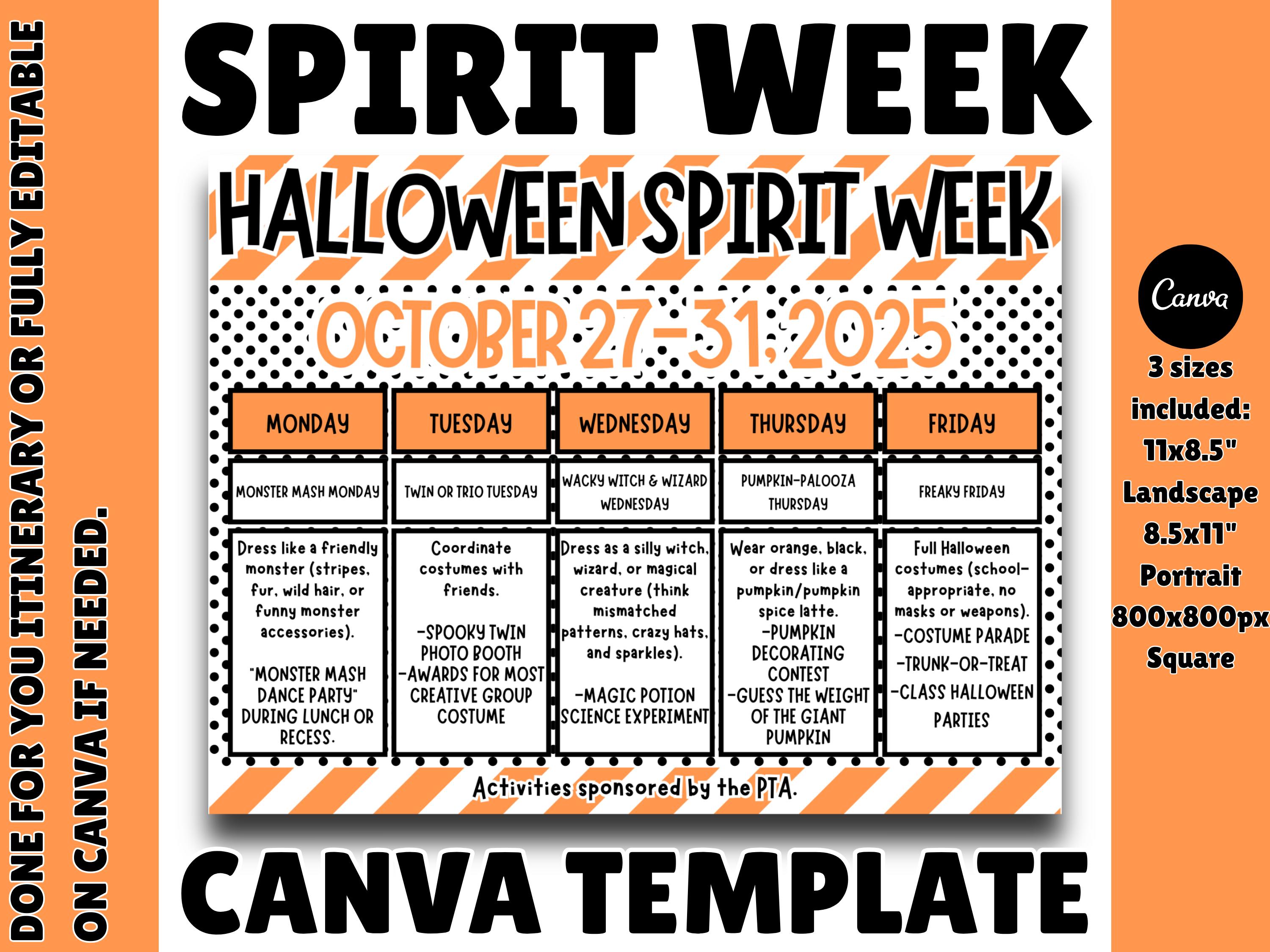 Halloween Spirit Week Flyer Templates Editable Canva PTA PTO School ...