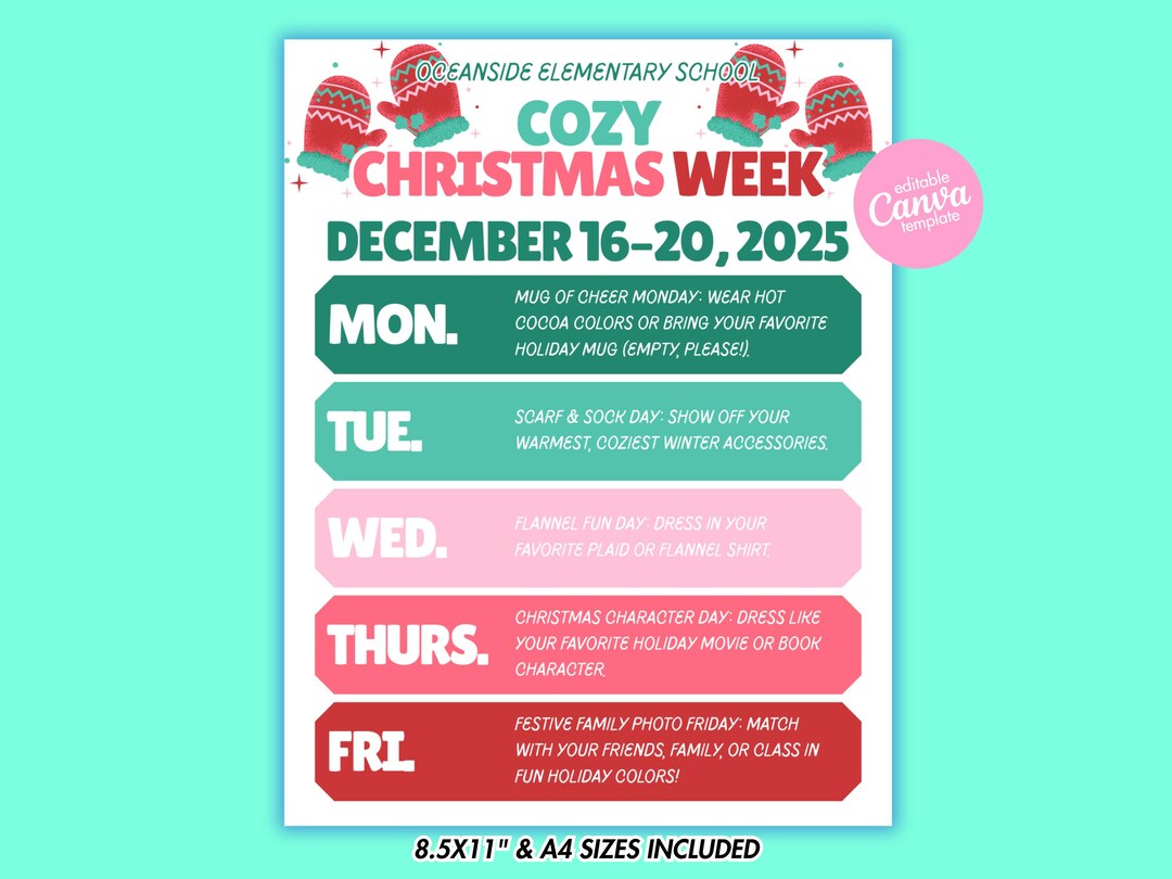 Cozy Christmas Spirit Week Flyer Canva Template Holiday School Poster ...
