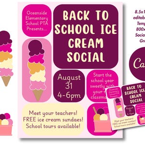 Back to School Ice Cream Social Flyer & Social Media Editable Canva ...