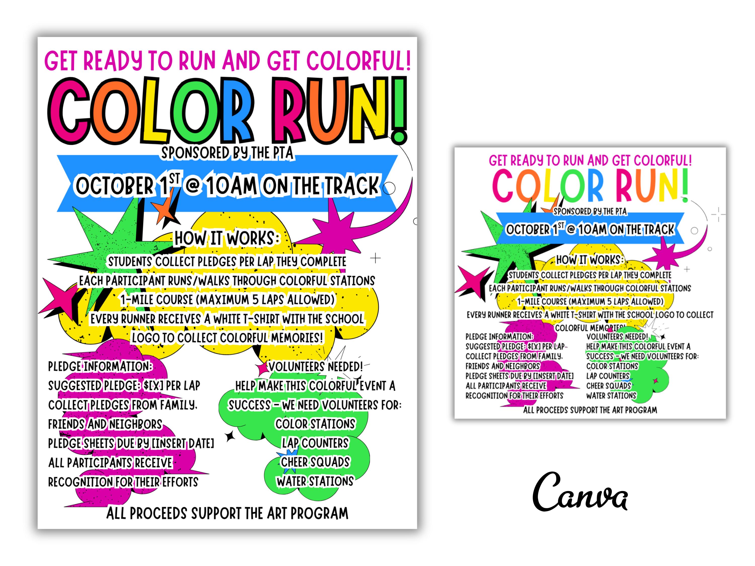 Color Run Pledge Flyer Template School Fun Run PTA PTO Fundraiser ...