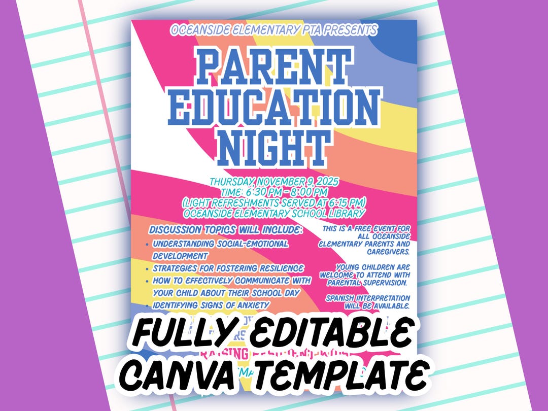 Parent Education Night Flyer Template Editable School Workshop Event ...