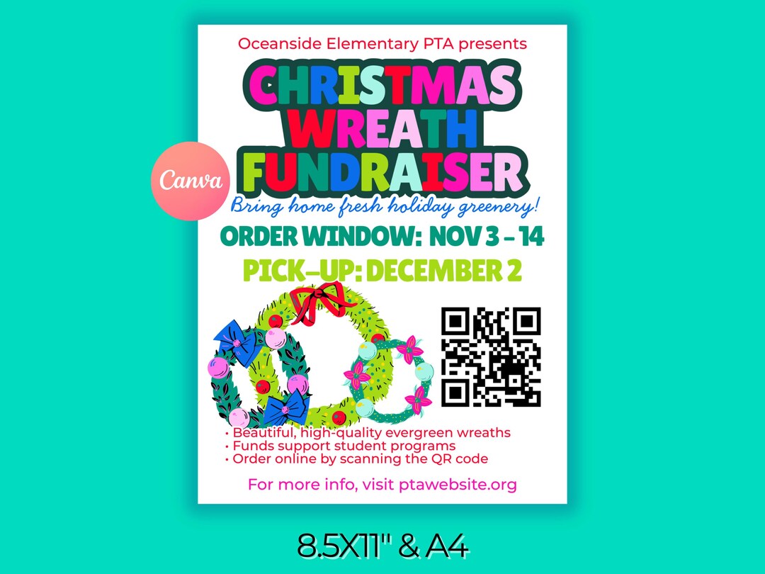 Christmas Wreath Fundraiser Flyer Template Editable PTA PTO Holiday ...