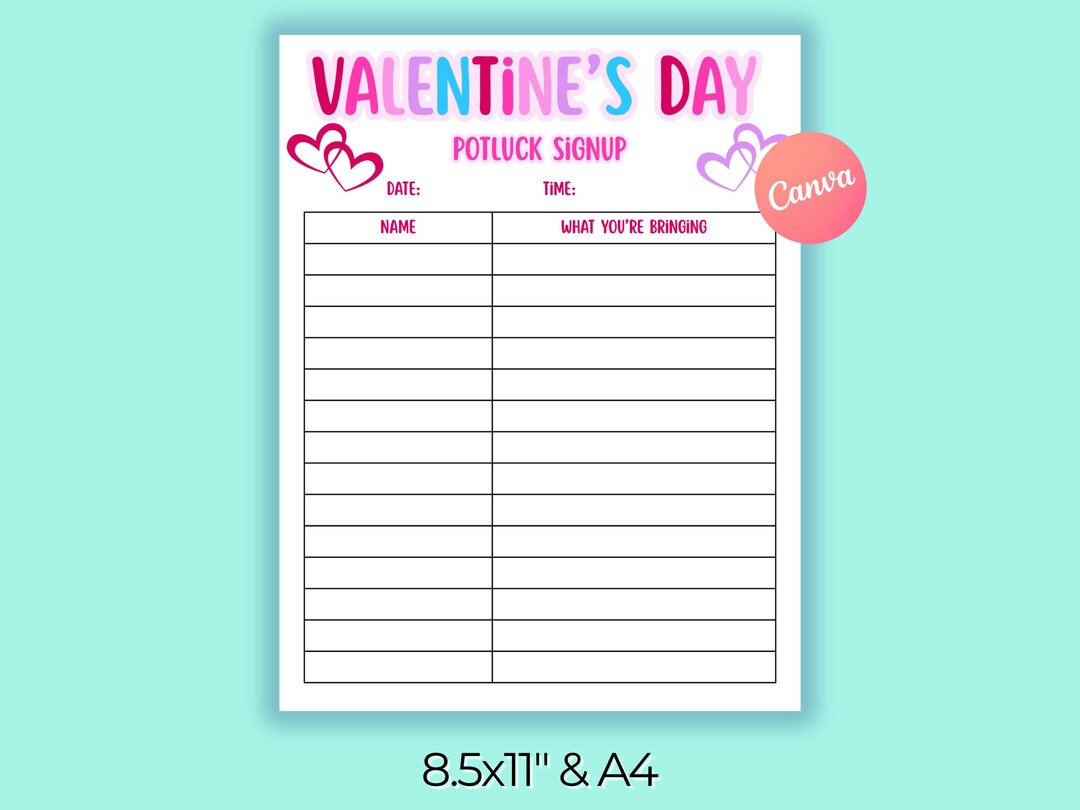 Valentine's Day Potluck Sign-up Sheet Template, Editable Canva (digital ...