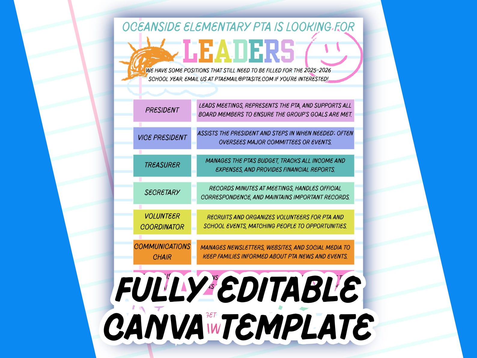 PTA Role Descriptions Template Editable Canva Board Member PTO ...