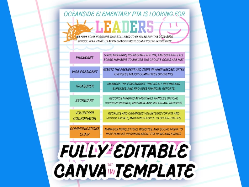 PTA Role Descriptions Template Editable Canva Board Member PTO ...