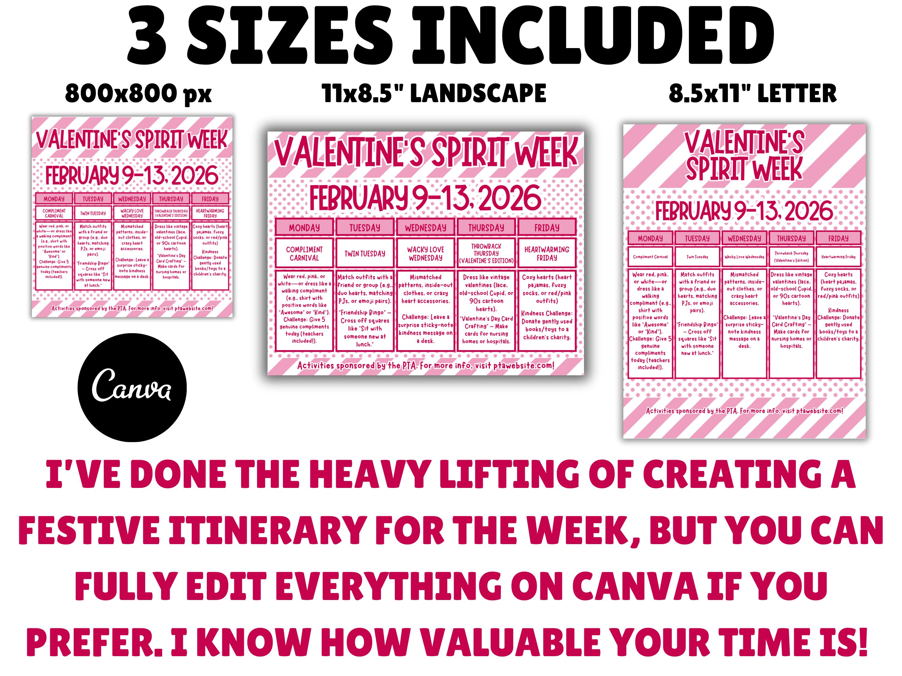 Valentines Spirit Week Flyer Bundle Editable Canva Template PTA PTO ...